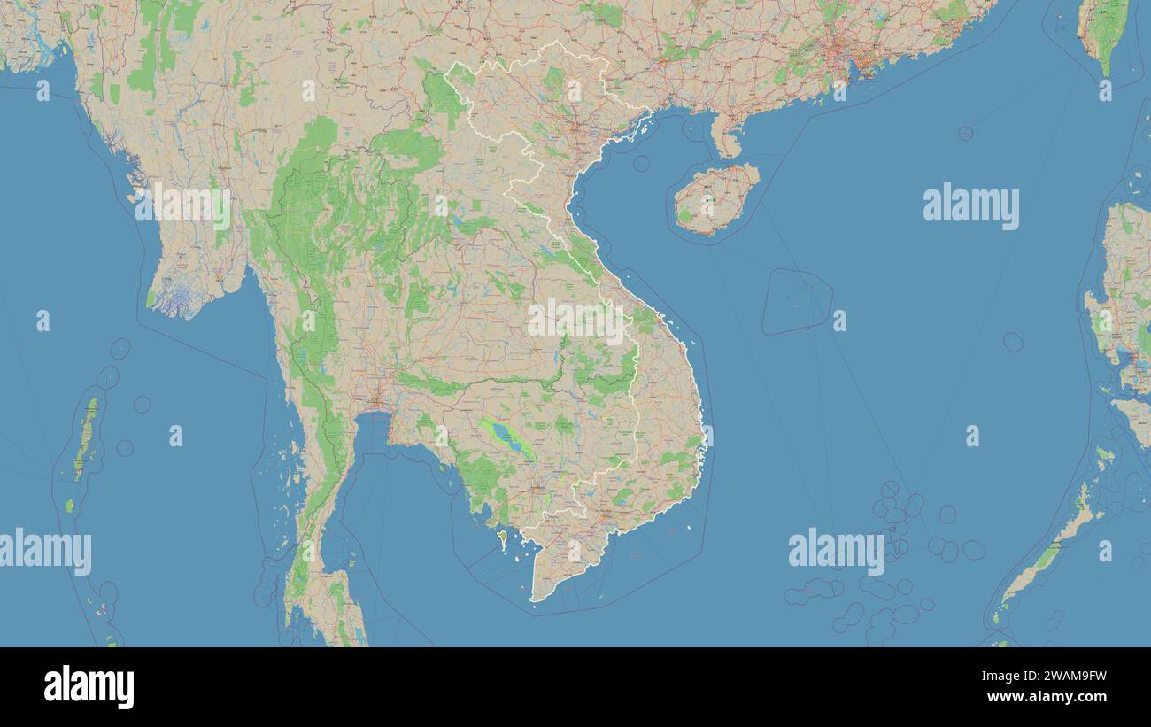 Vietnam outlined on a topographic, OSM standard style map Stock Photo ...