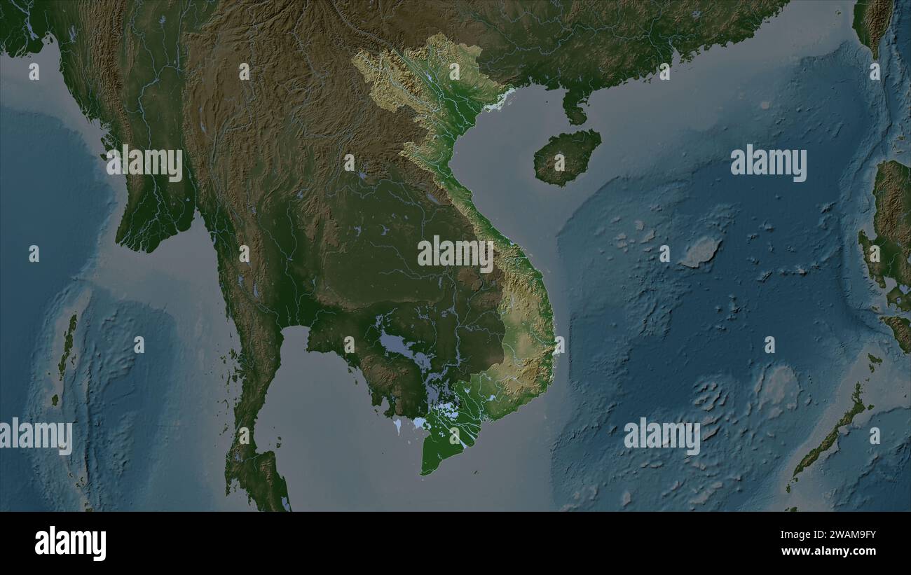 Vietnam highlighted on a Pale colored elevation map with lakes and ...