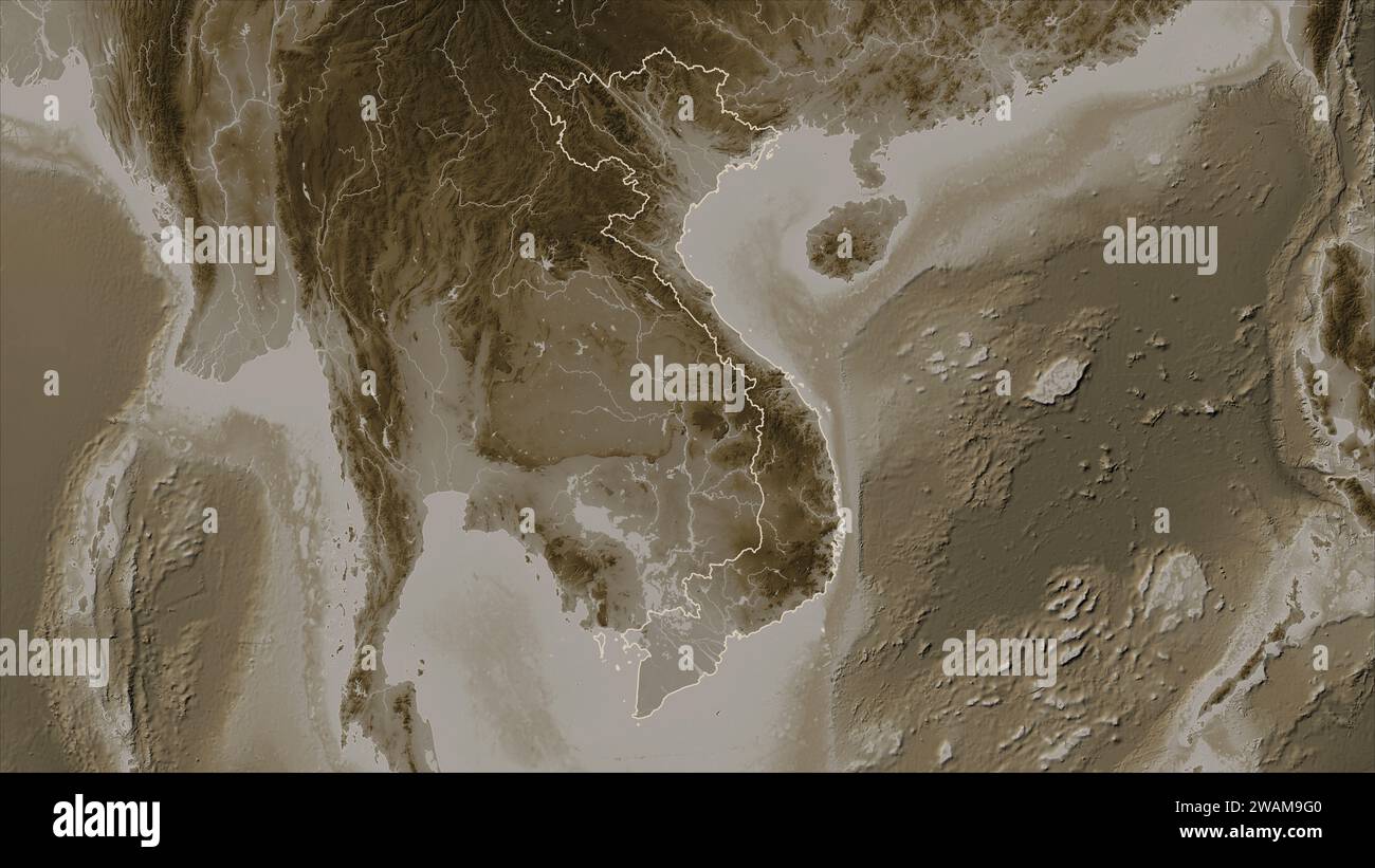 Vietnam outlined on a elevation map colored in sepia tones with lakes ...