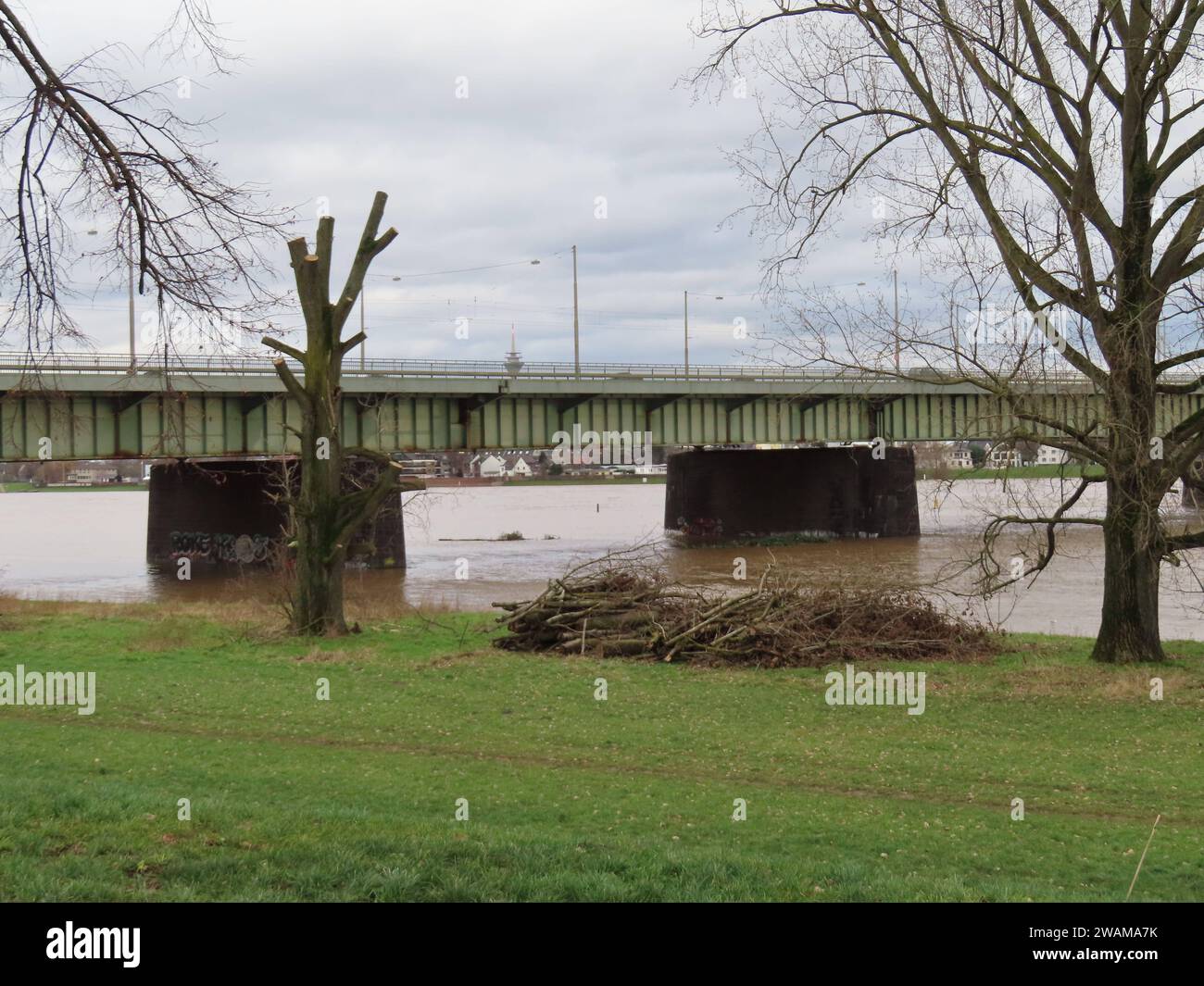 Blick auf den Rheinstrom mit Hochwasser und Kardinal Frings Bruecke ...