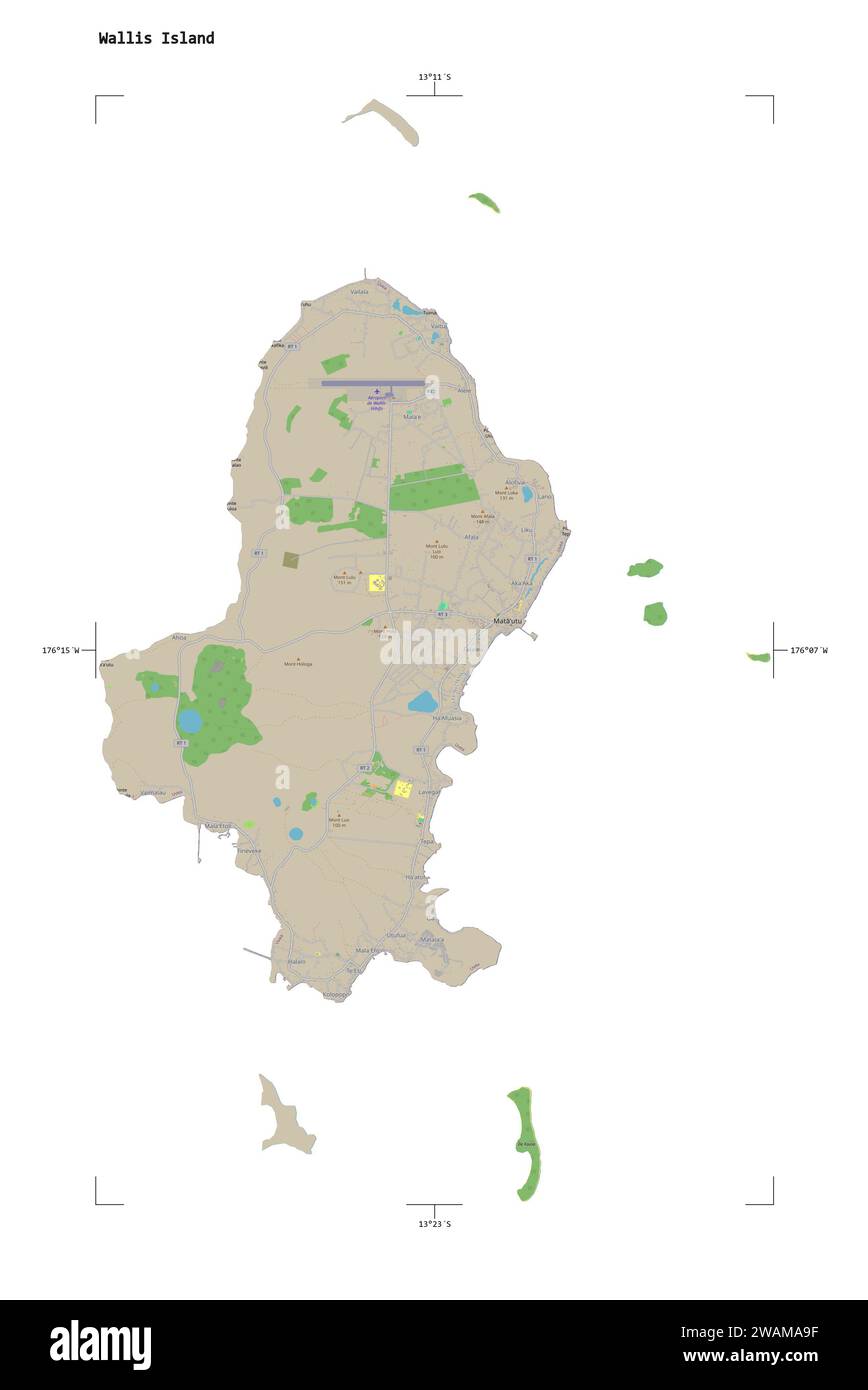 Shape of a topographic, OSM standard style map of the Wallis Island, with distance scale and map ...