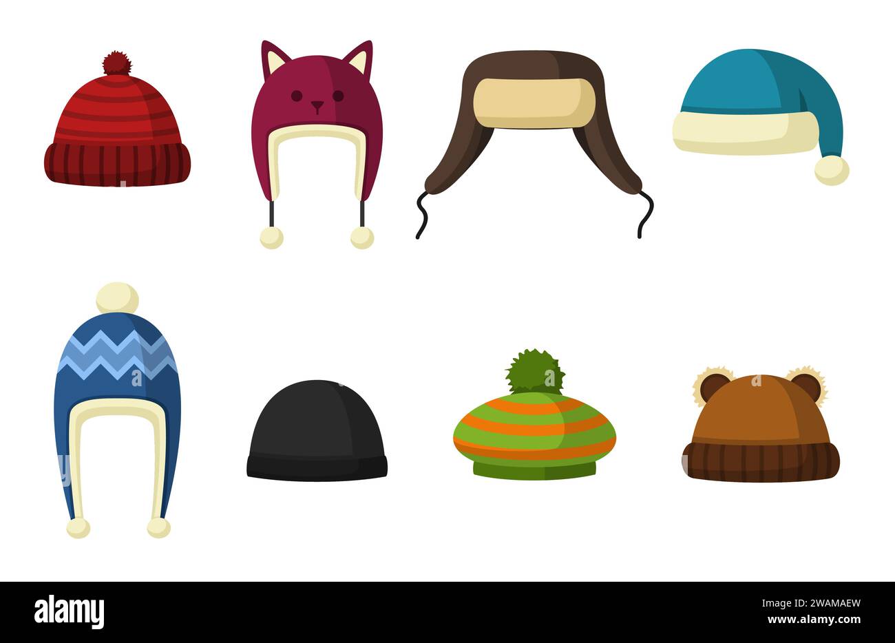 Winter Hats Set Isolated On White Background Knitting Headwear And Caps For Cold Weather
