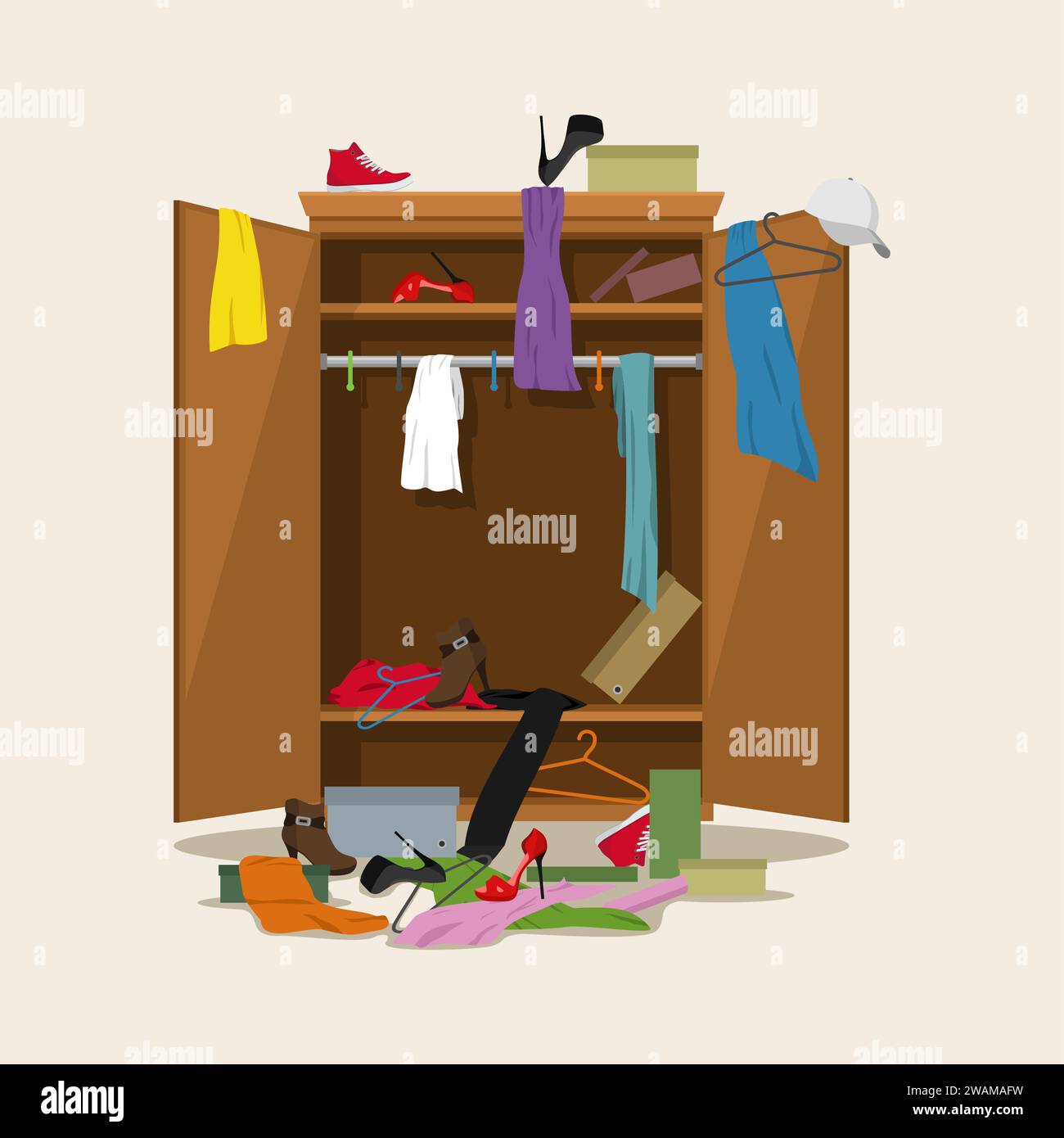 Open wardrobe with mess clothes. Closet with untidy clothes, dresses ...