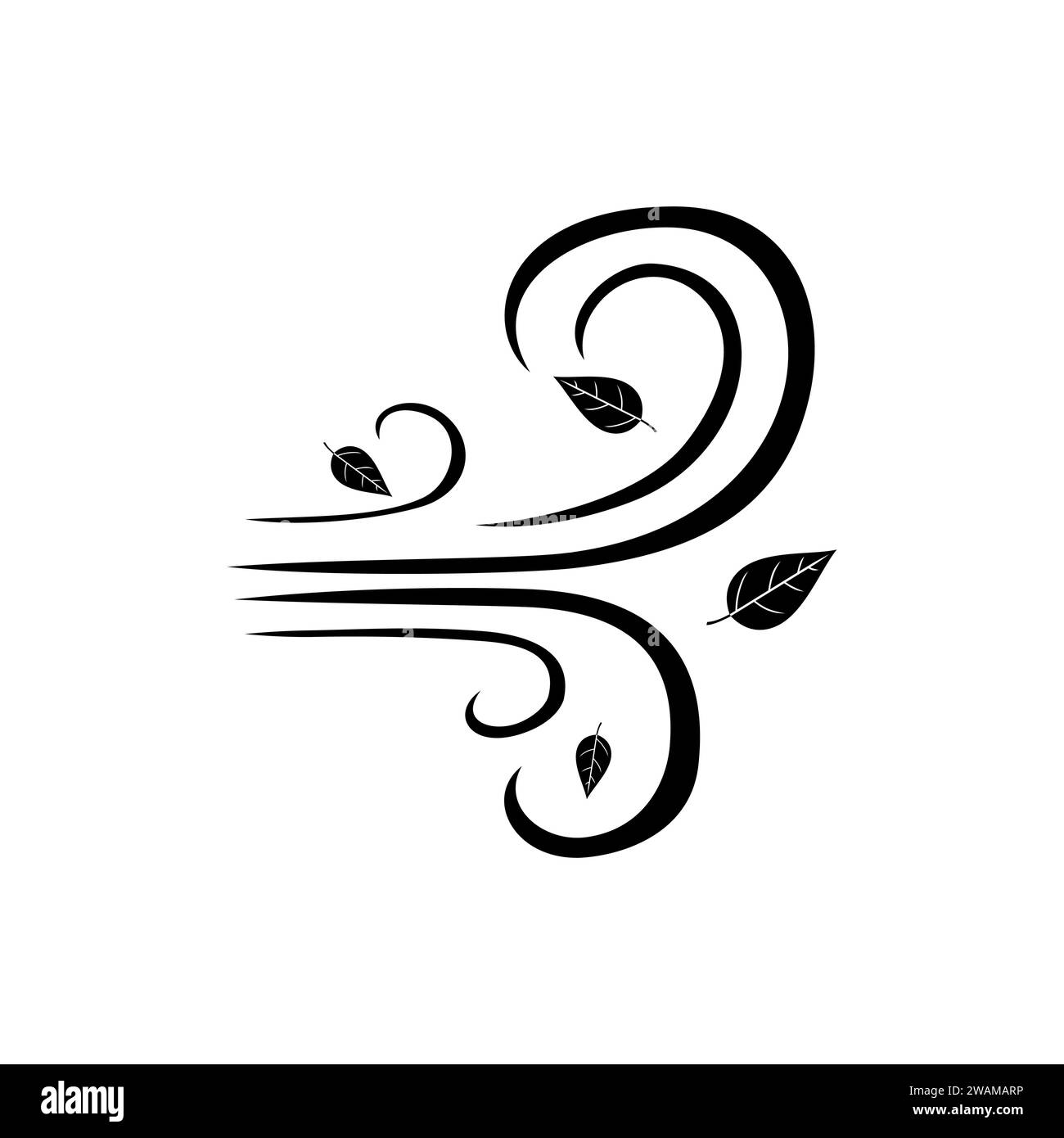 Blowing wind with flying leaves black icon isolated on white background ...