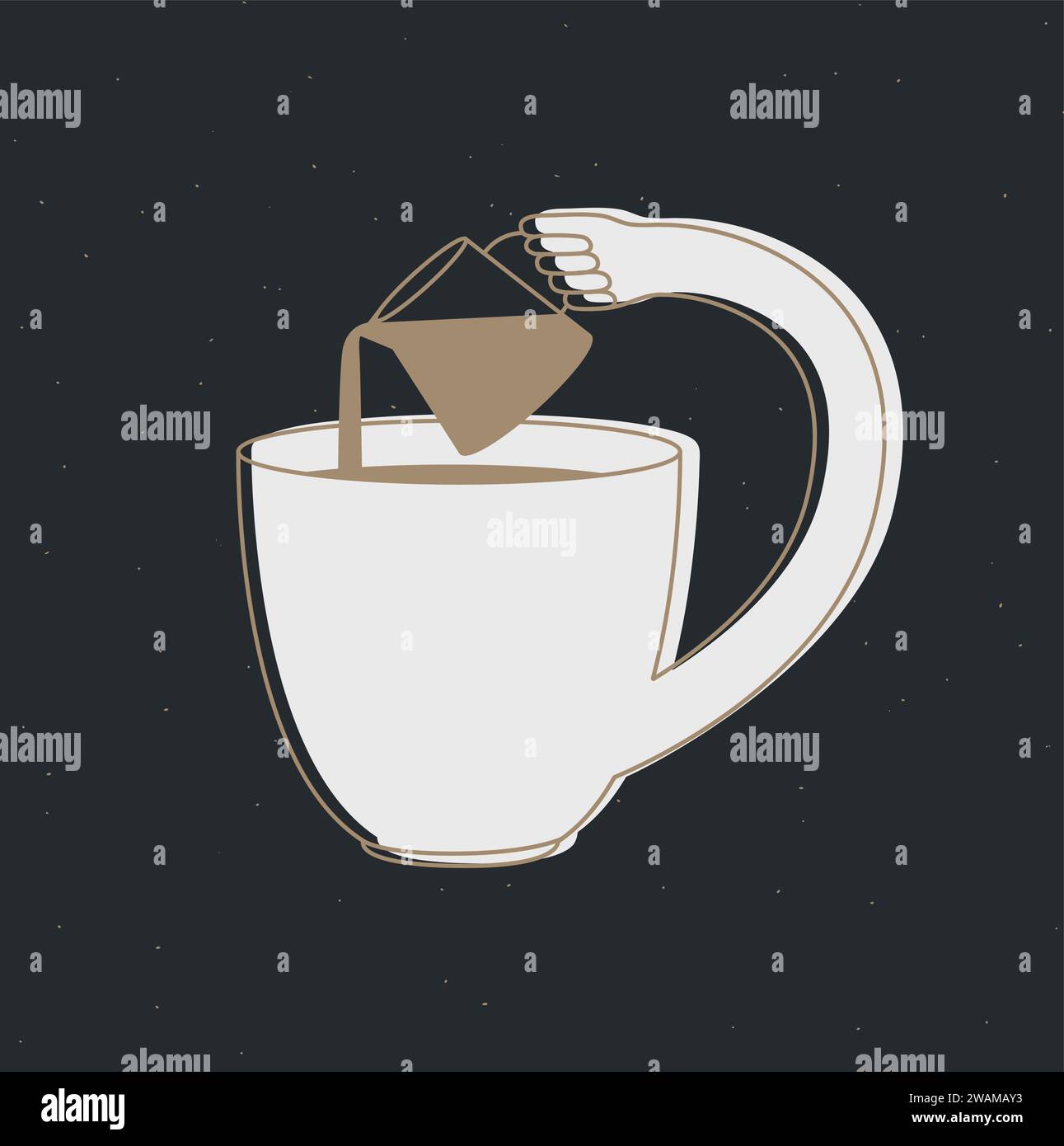 Cup pours milk into itself drawing in cartoon flat line style on black ...