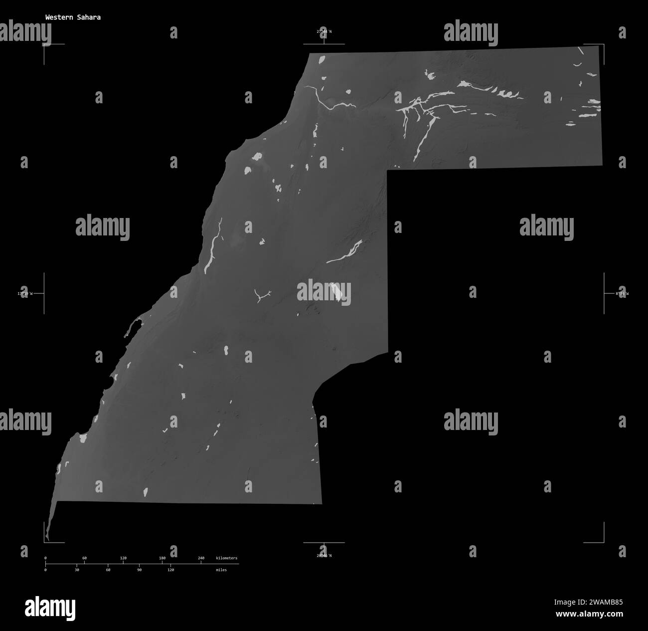 Shape of a Grayscale elevation map with lakes and rivers of the Western Sahara, with distance ...