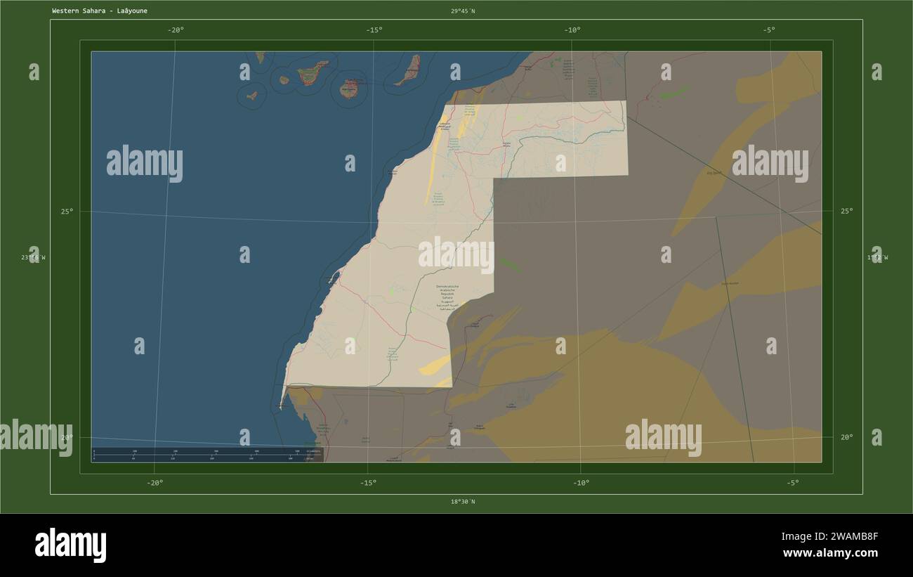 Western Sahara highlighted on a topographic, OSM Germany style map map ...