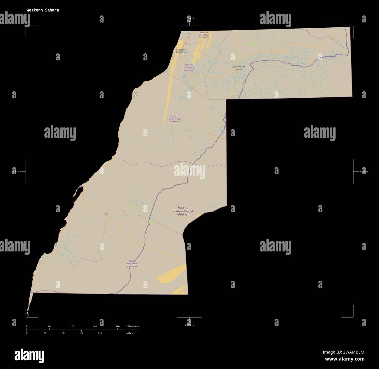 Shape of a topographic, OSM standard style map of the Western Sahara ...