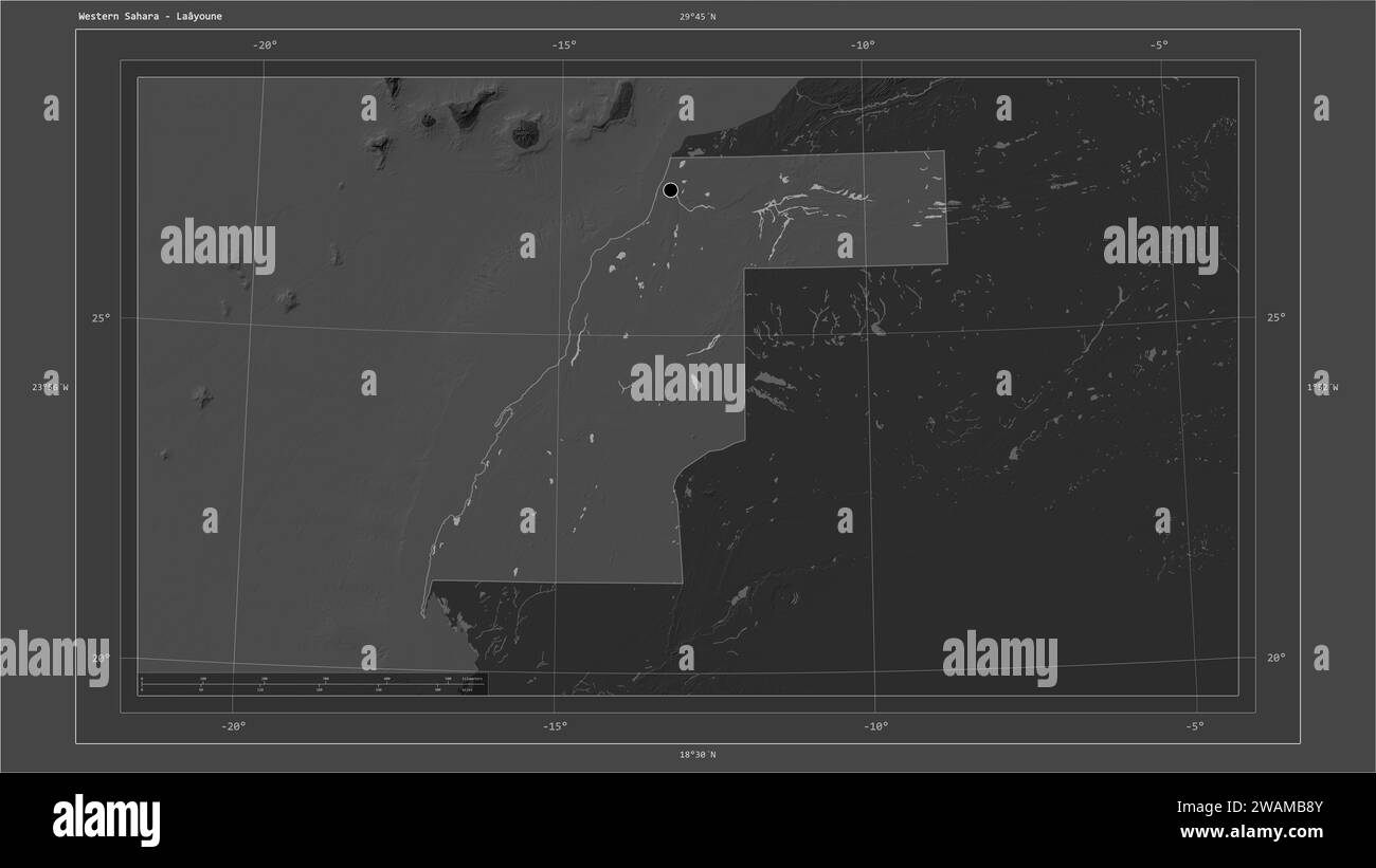 Western Sahara highlighted on a Bilevel elevation map with lakes and ...