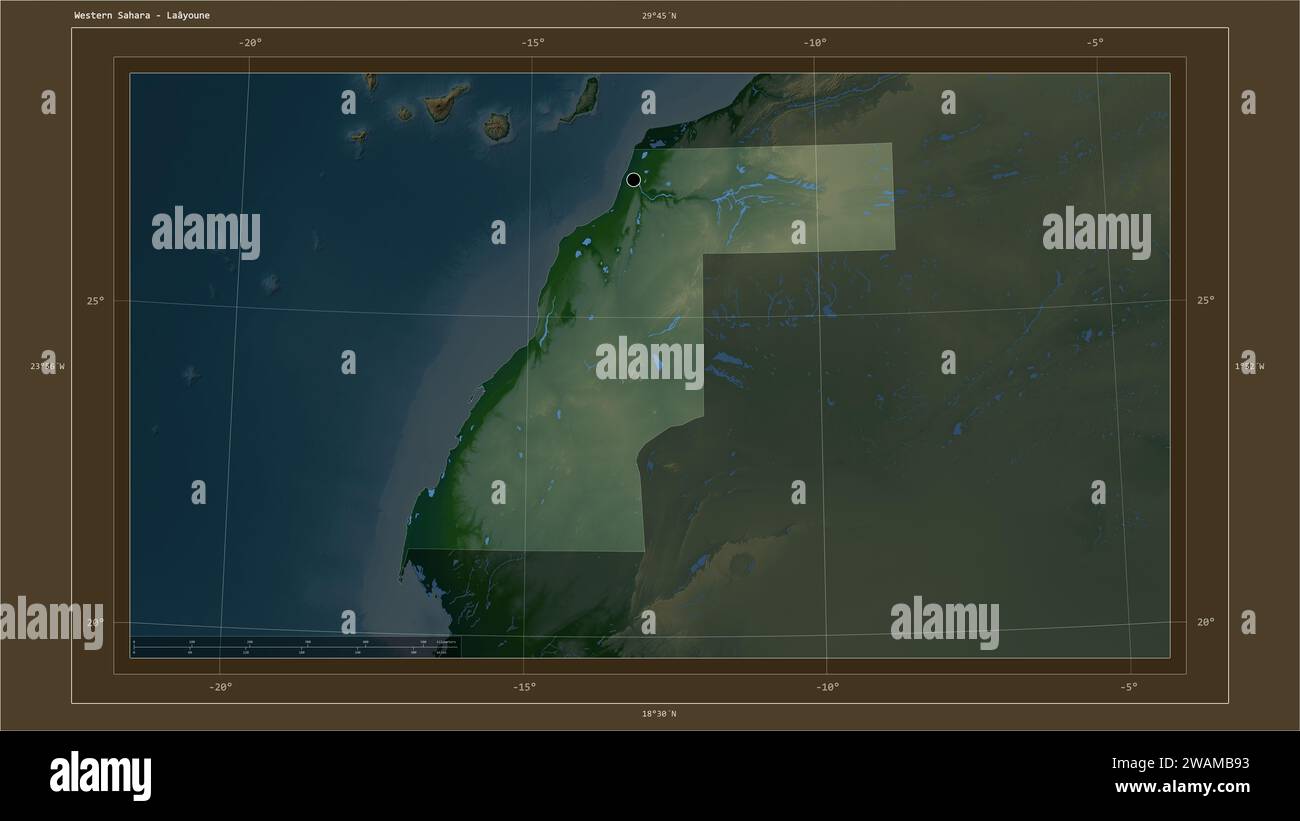 Western Sahara highlighted on a Colored elevation map with lakes and ...