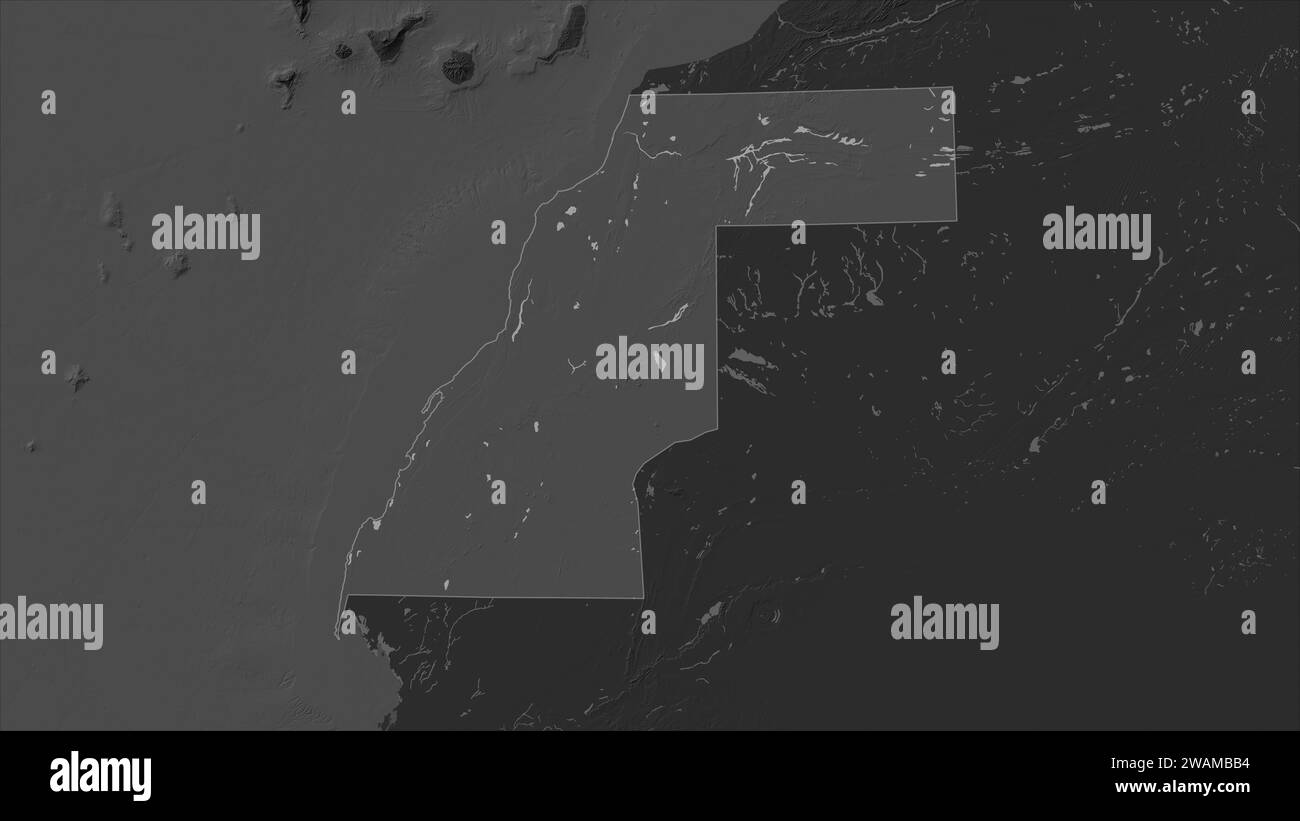 Western Sahara highlighted on a Bilevel elevation map with lakes and ...