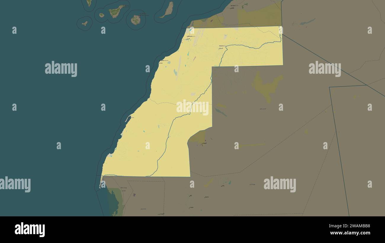 Western Sahara highlighted on a topographic, OSM Humanitarian style map ...