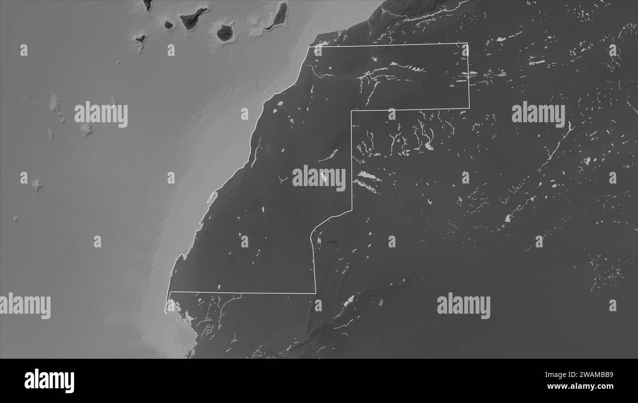 Western Sahara outlined on a Grayscale elevation map with lakes and ...