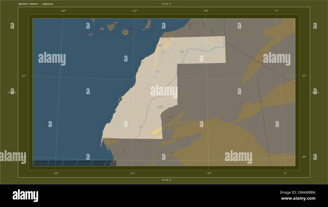 Western Sahara highlighted on a topographic, OSM standard style map map ...