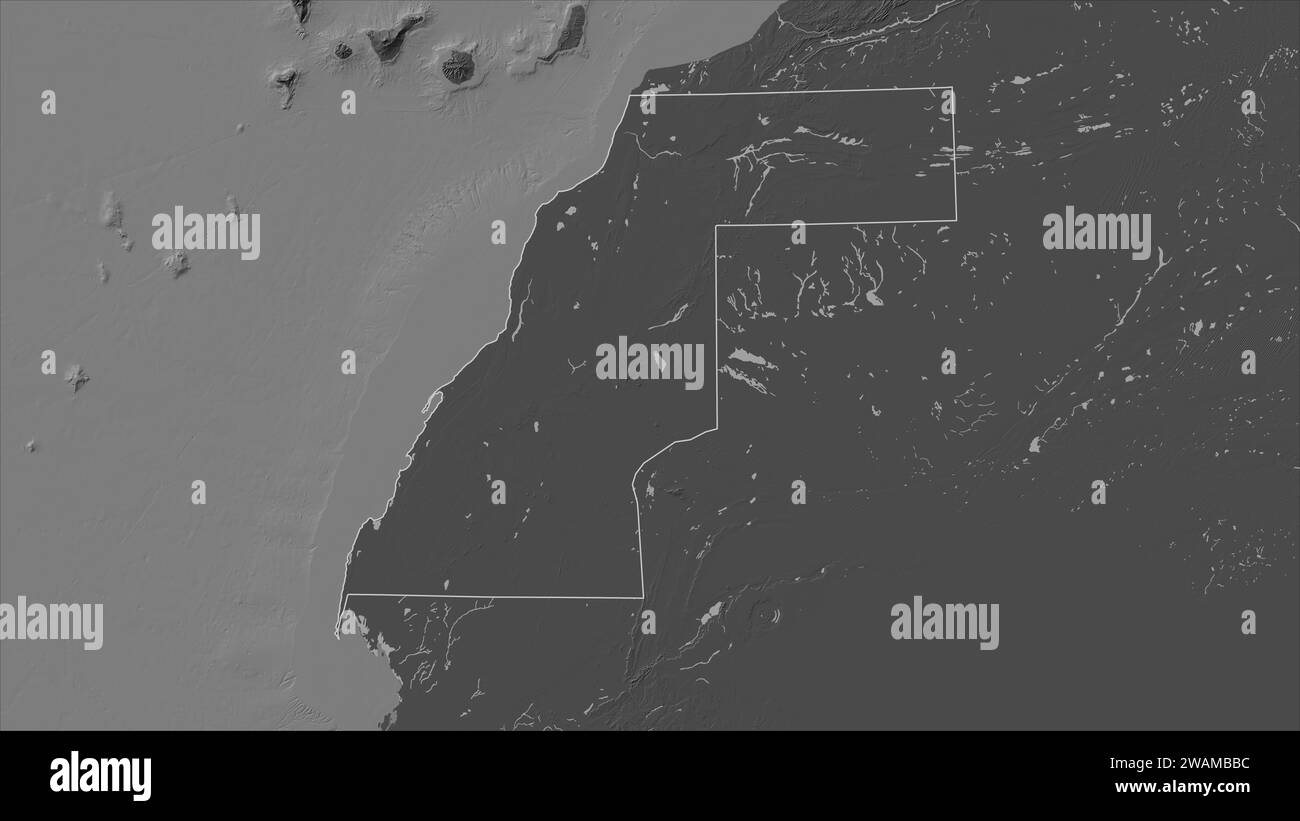Western Sahara outlined on a Bilevel elevation map with lakes and ...