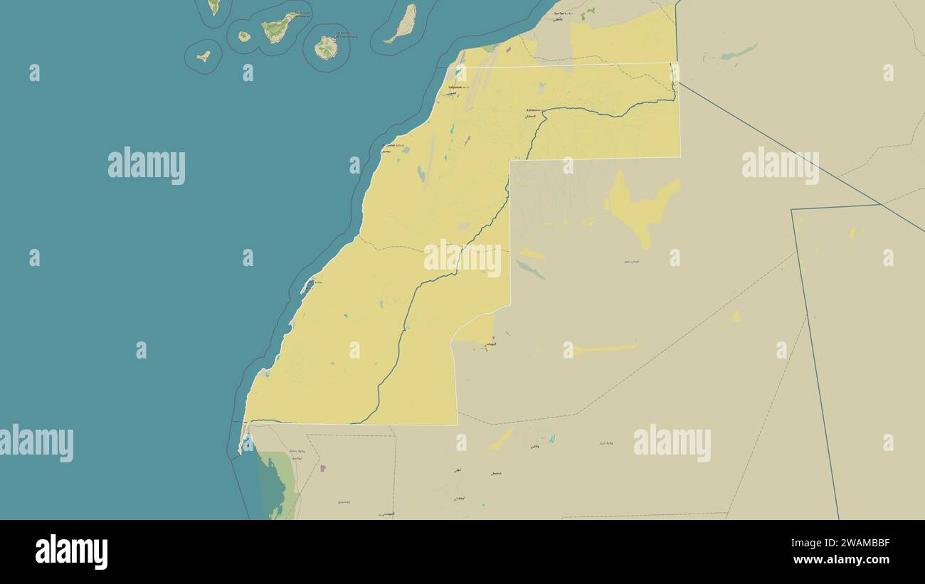 Western Sahara outlined on a topographic, OSM Humanitarian style map ...