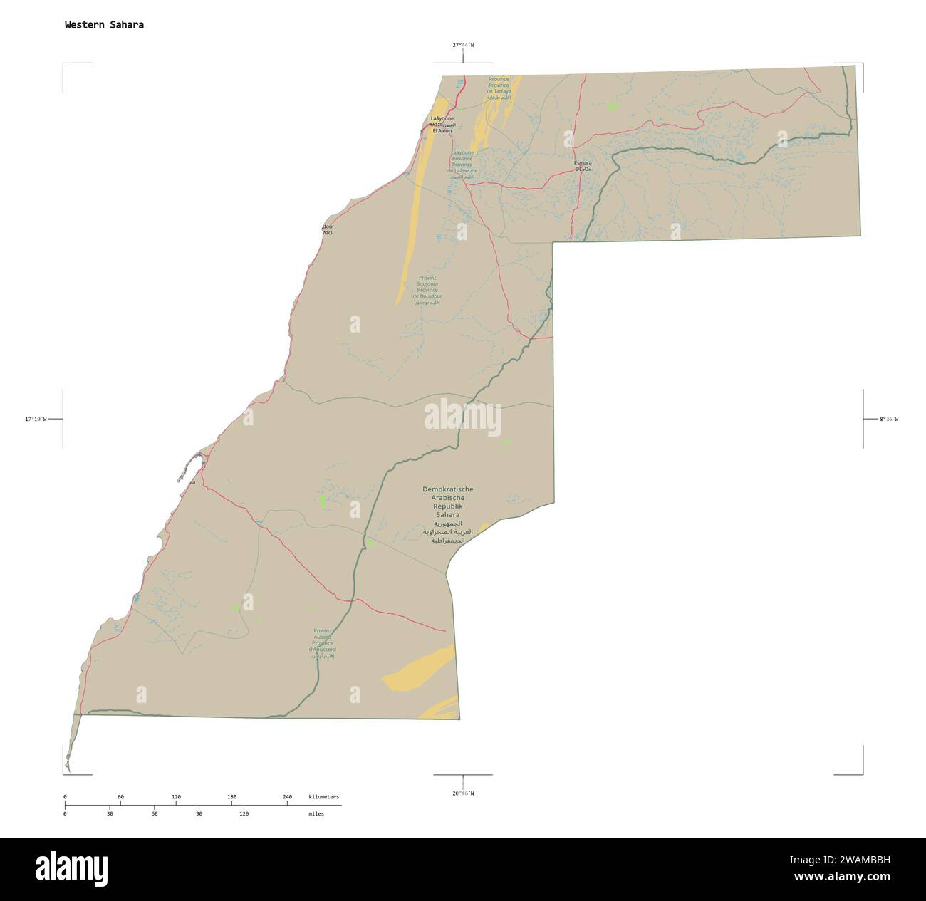 Shape of a topographic, OSM Germany style map of the Western Sahara ...