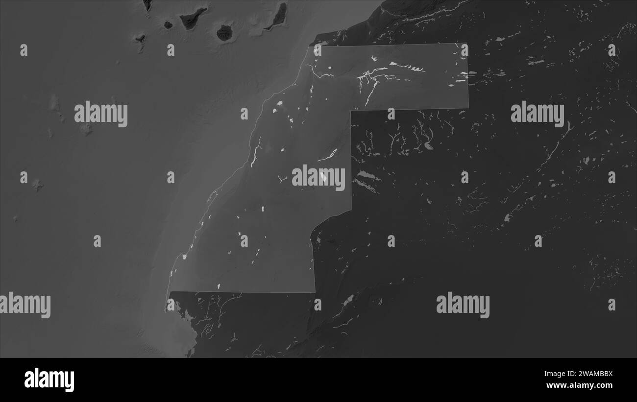 Western Sahara highlighted on a Grayscale elevation map with lakes and ...