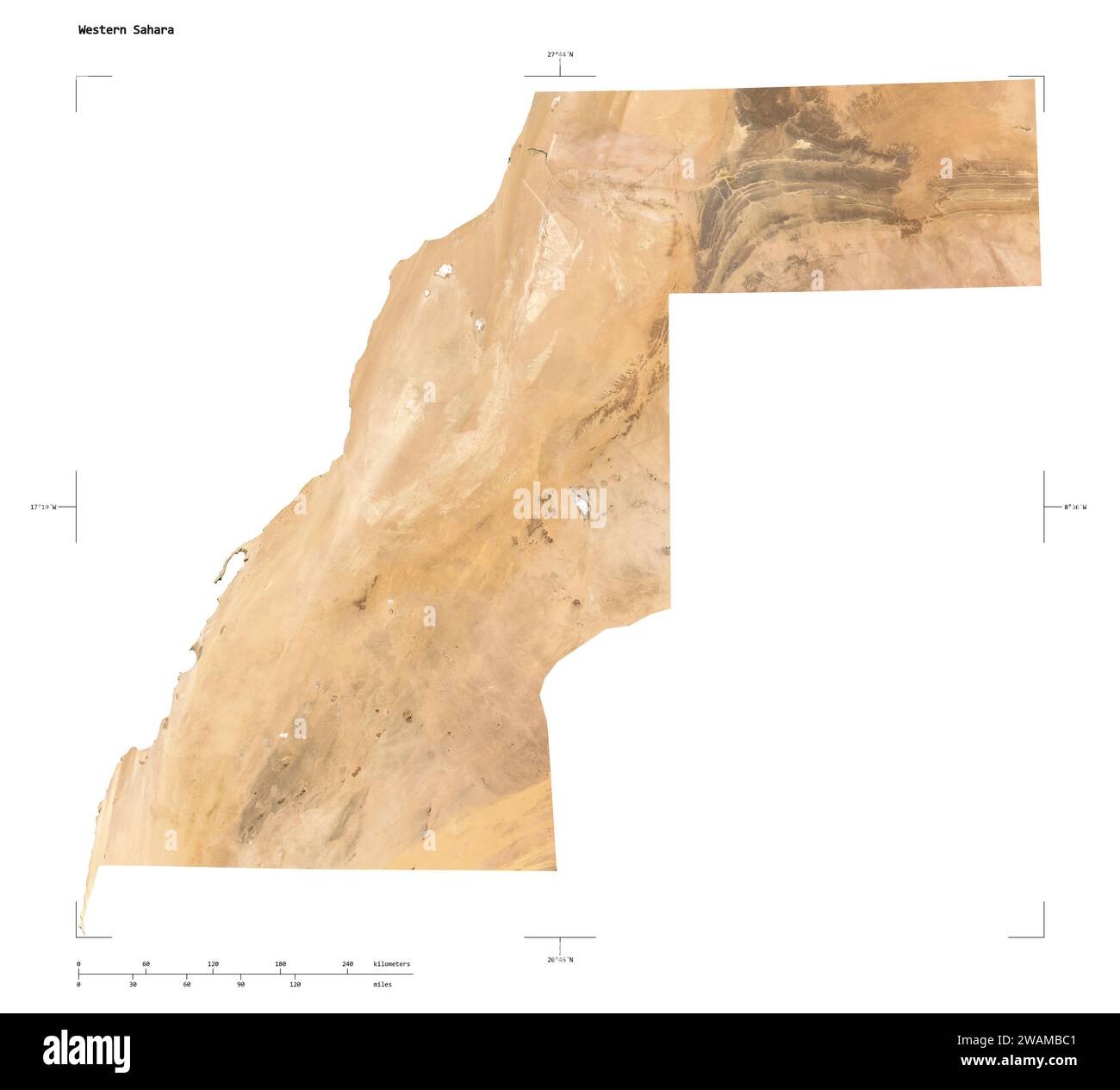 Shape of a low resolution satellite map of the Western Sahara, with distance scale and map ...