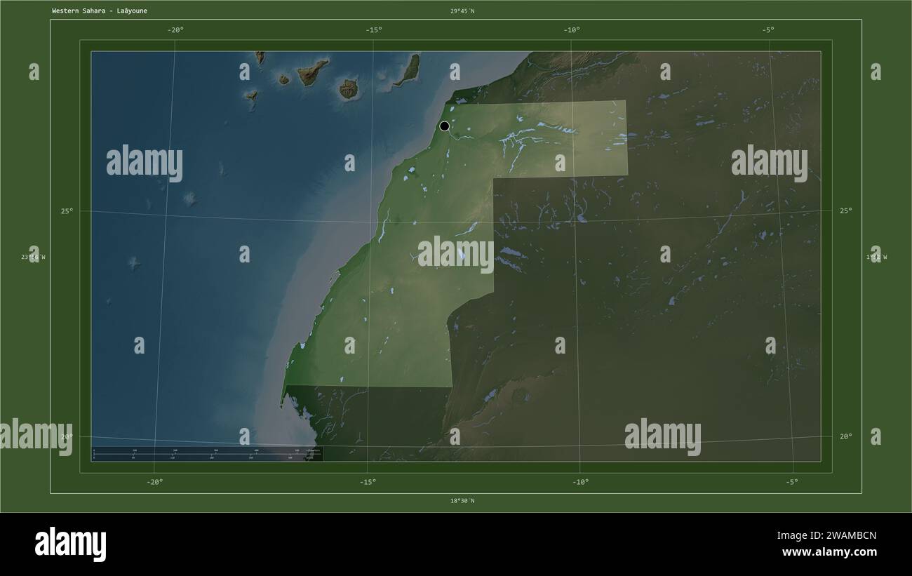 Western Sahara highlighted on a Pale colored elevation map with lakes ...