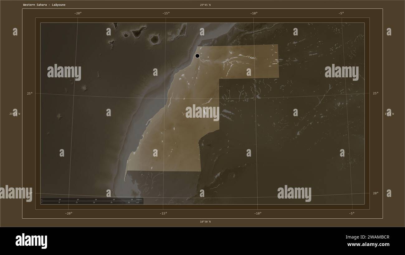 Western Sahara highlighted on a elevation map colored in sepia tones ...