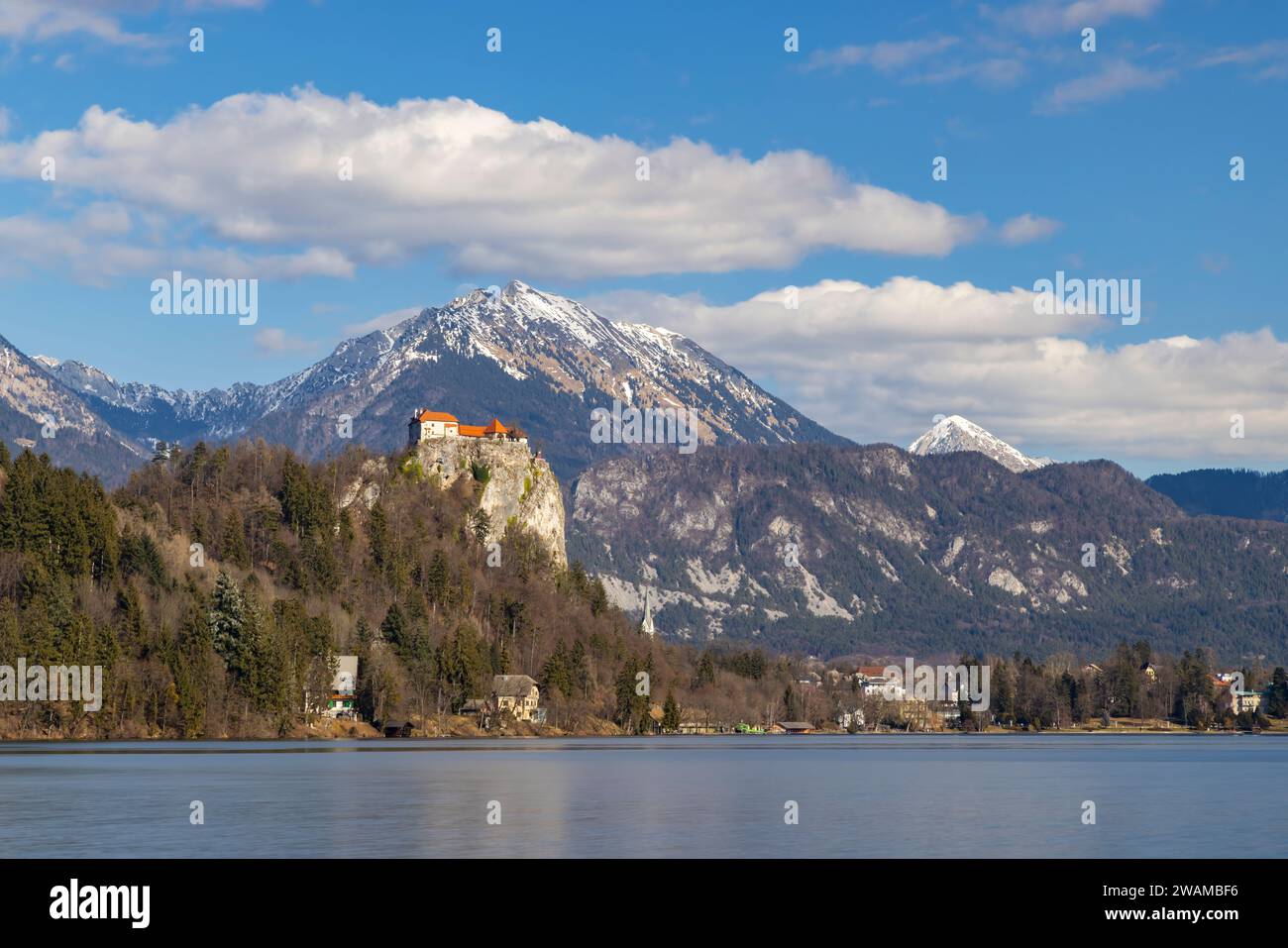 Bled Castle and Julian Alps in winter Stock Photo - Alamy