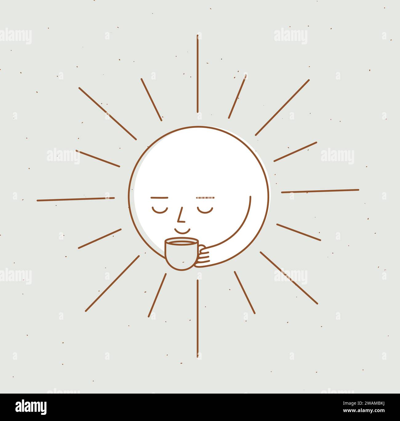 Morning sleeping sun holding cup of coffee drawing in cartoon flat line ...