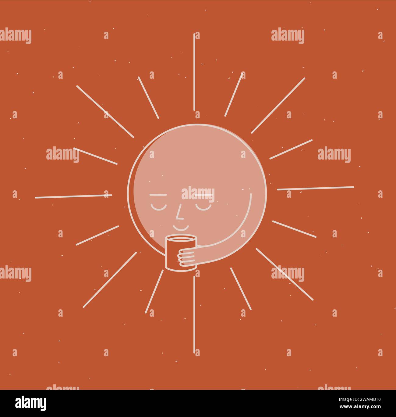 Morning sleeping sun holding cup of tea drawing in cartoon flat line ...