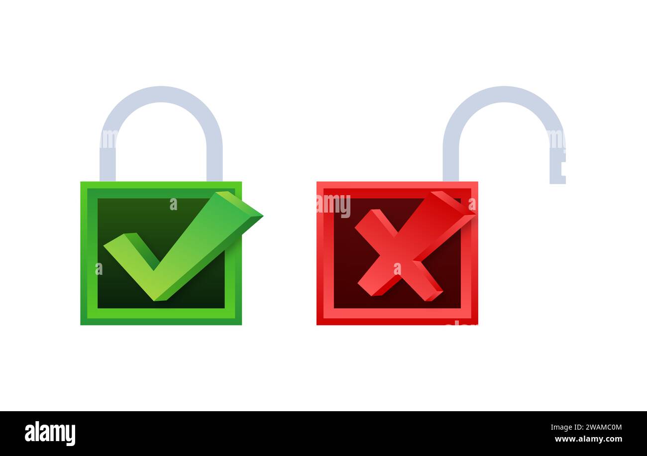 Lock and Unlock Symbols, Green Checkmark and Red Cross in Squares ...