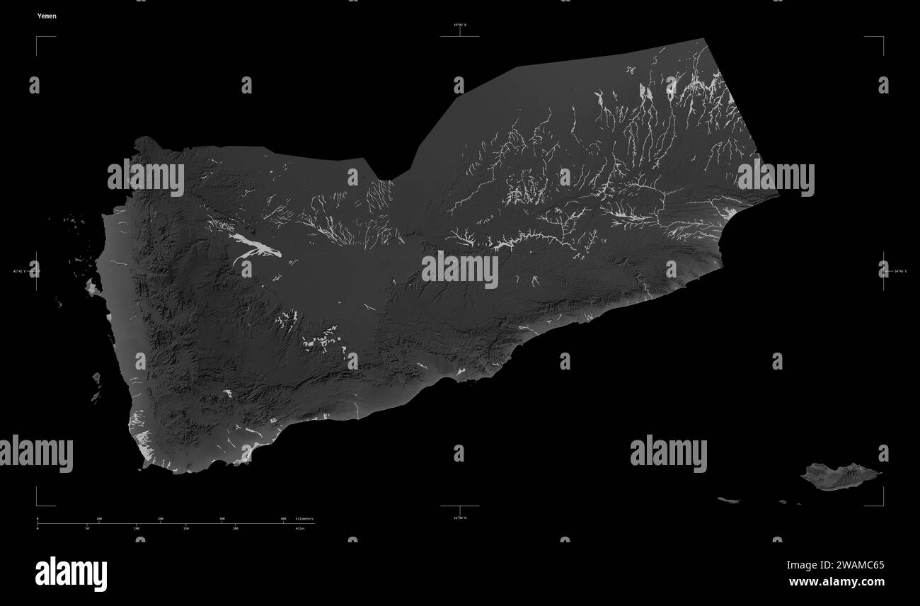 Shape of a Grayscale elevation map with lakes and rivers of the Yemen ...
