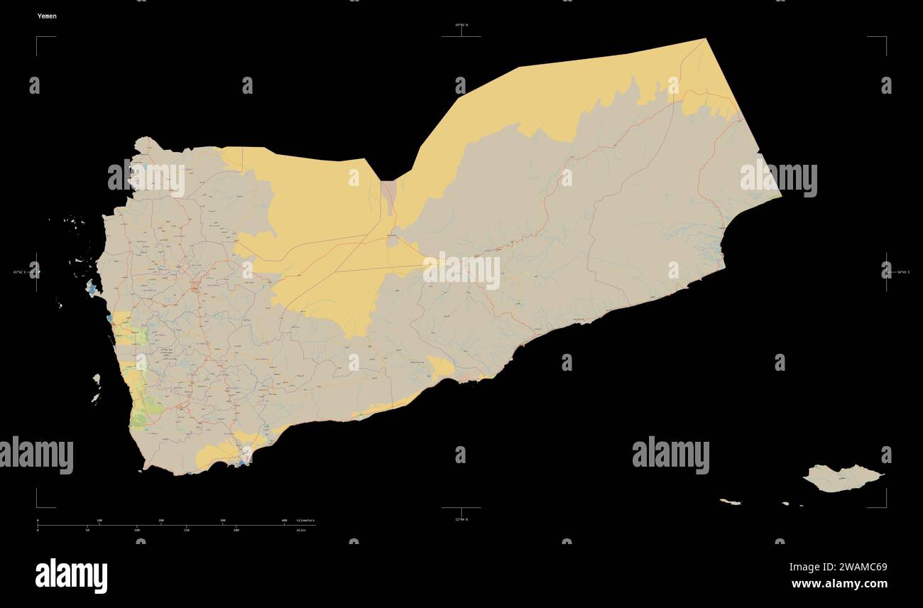 Shape of a topographic, OSM standard style map of the Yemen, with ...
