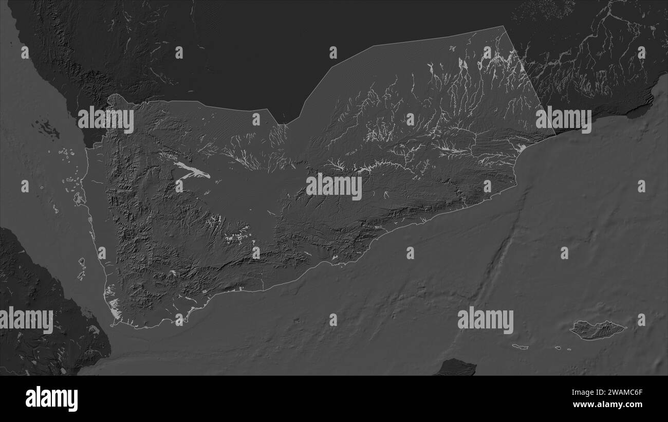 Yemen highlighted on a Bilevel elevation map with lakes and rivers ...
