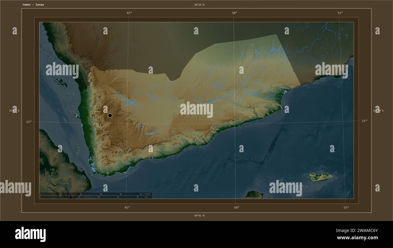 Yemen highlighted on a Colored elevation map with lakes and rivers map ...