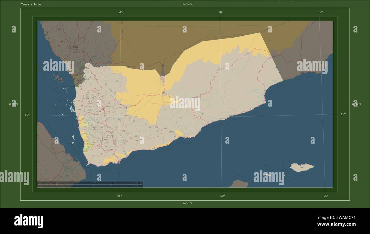 Yemen highlighted on a topographic, OSM Germany style map map with the ...