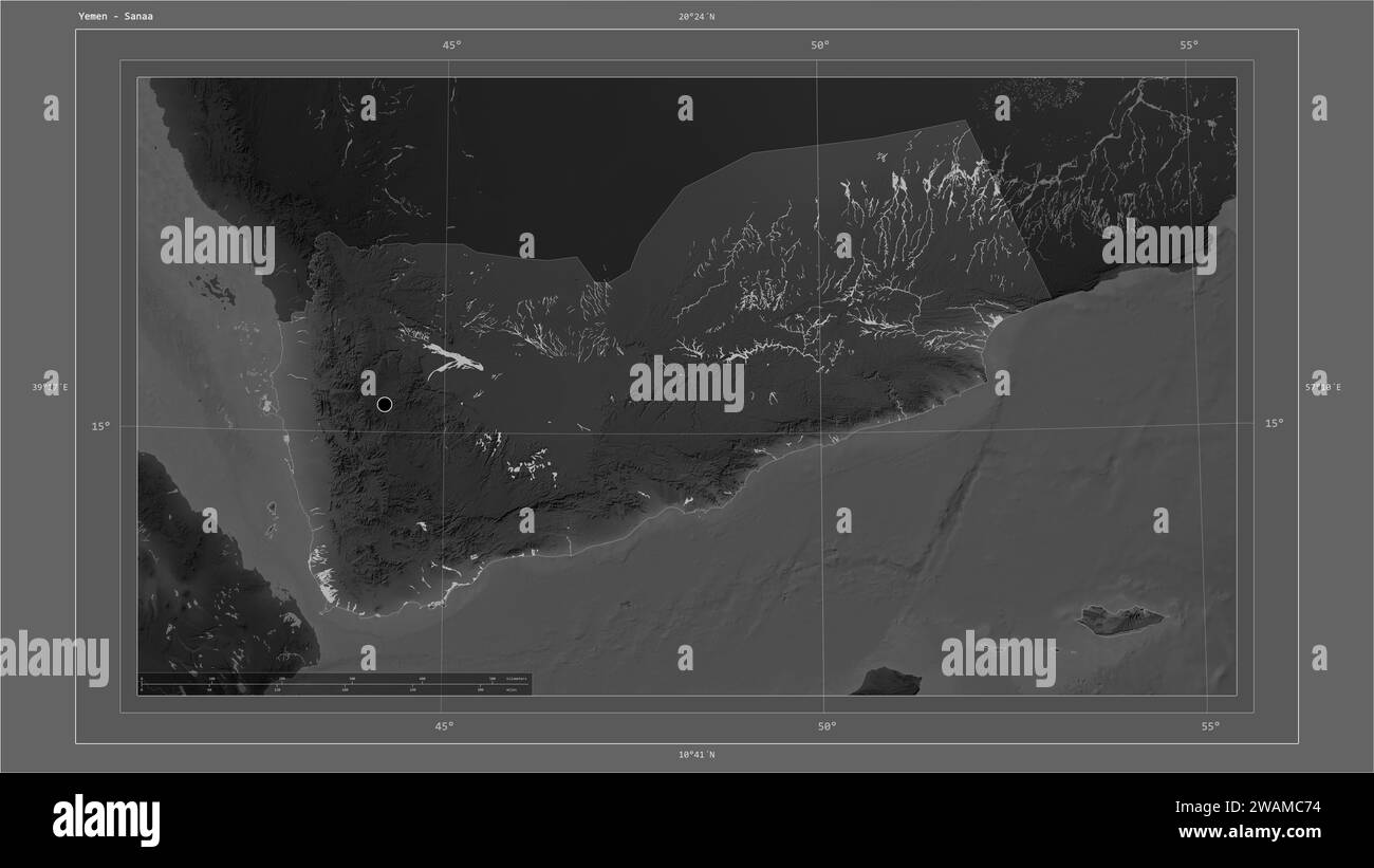 Yemen highlighted on a Grayscale elevation map with lakes and rivers ...