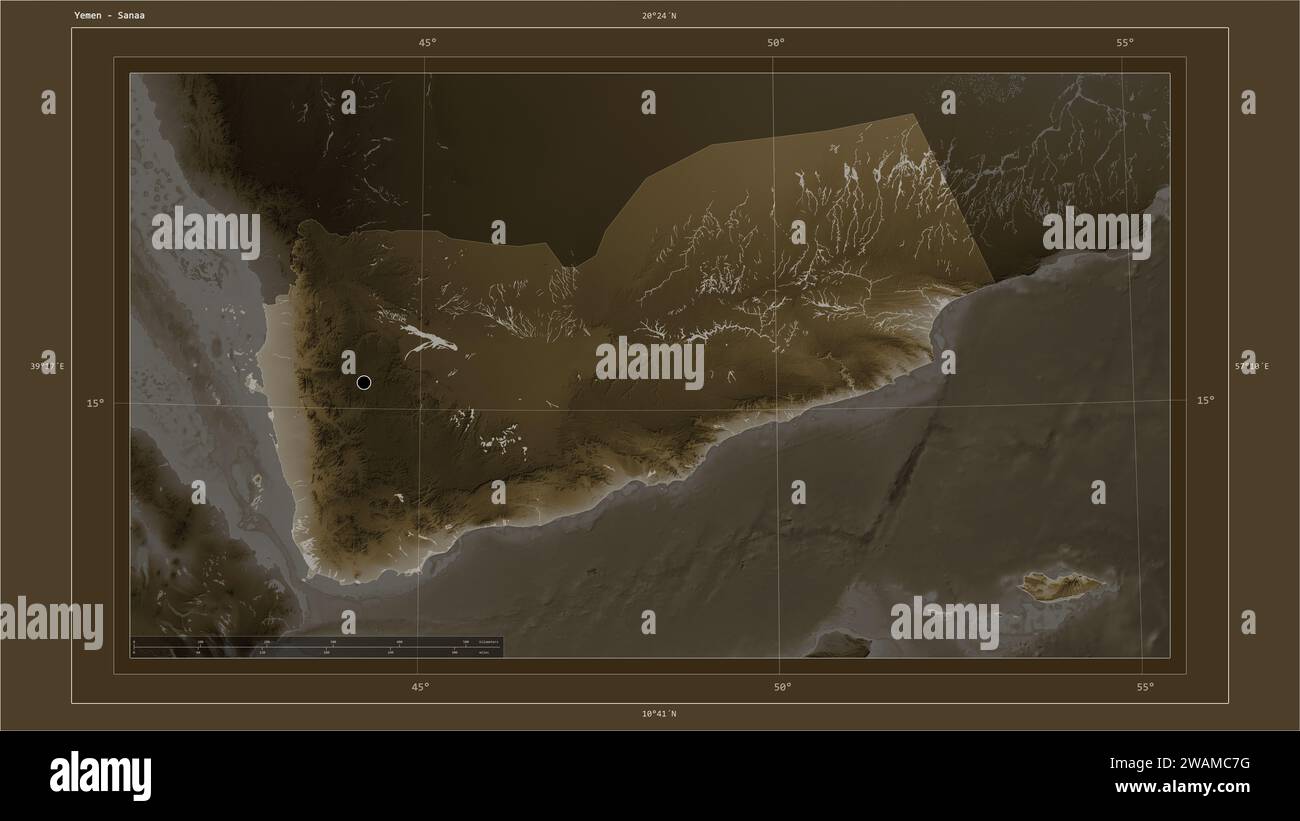 Yemen highlighted on a elevation map colored in sepia tones with lakes ...