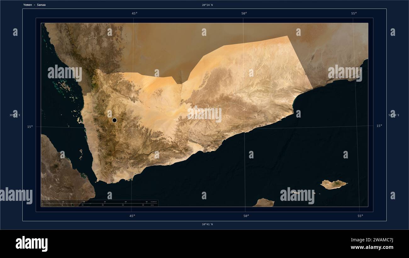 Yemen highlighted on a low resolution satellite map map with the ...