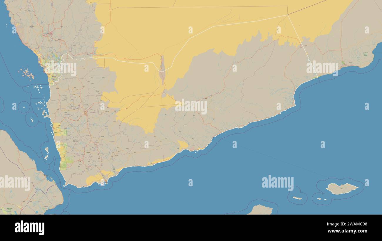 Yemen outlined on a topographic, OSM standard style map Stock Photo - Alamy