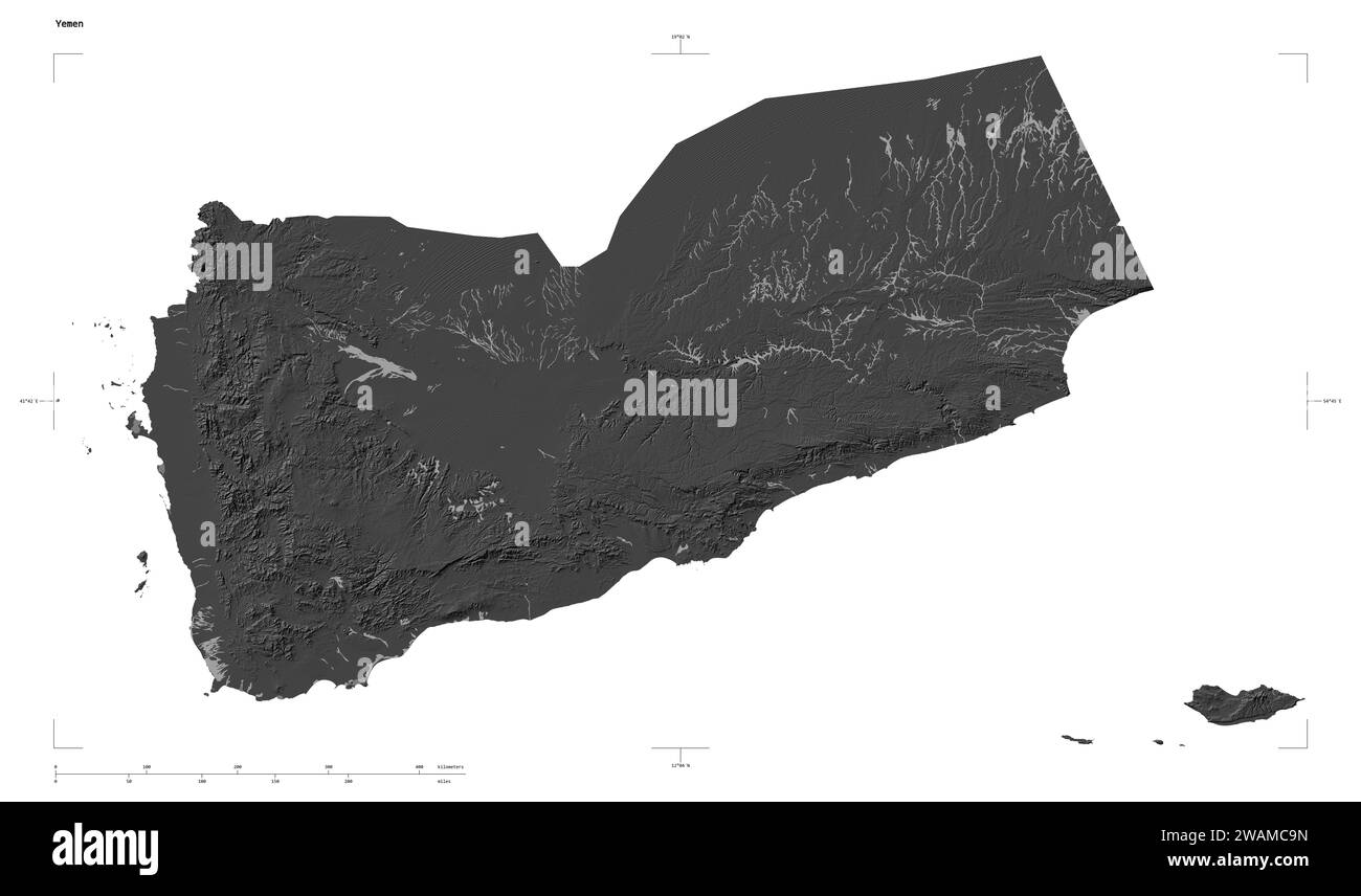 Shape of a Bilevel elevation map with lakes and rivers of the Yemen ...