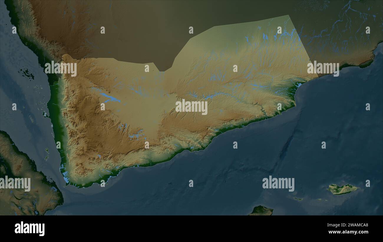 Yemen highlighted on a Colored elevation map with lakes and rivers ...