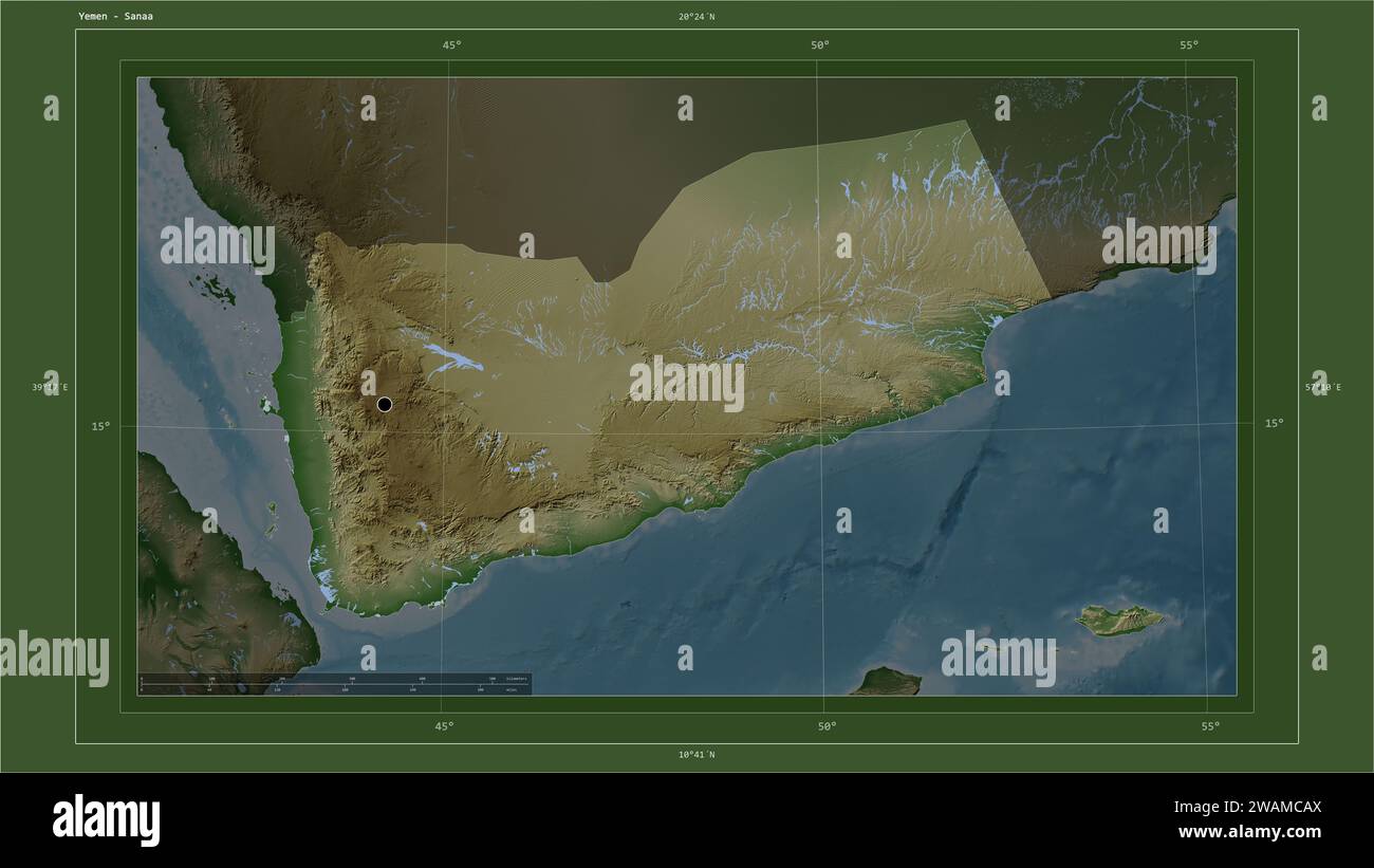 Yemen highlighted on a Pale colored elevation map with lakes and rivers ...