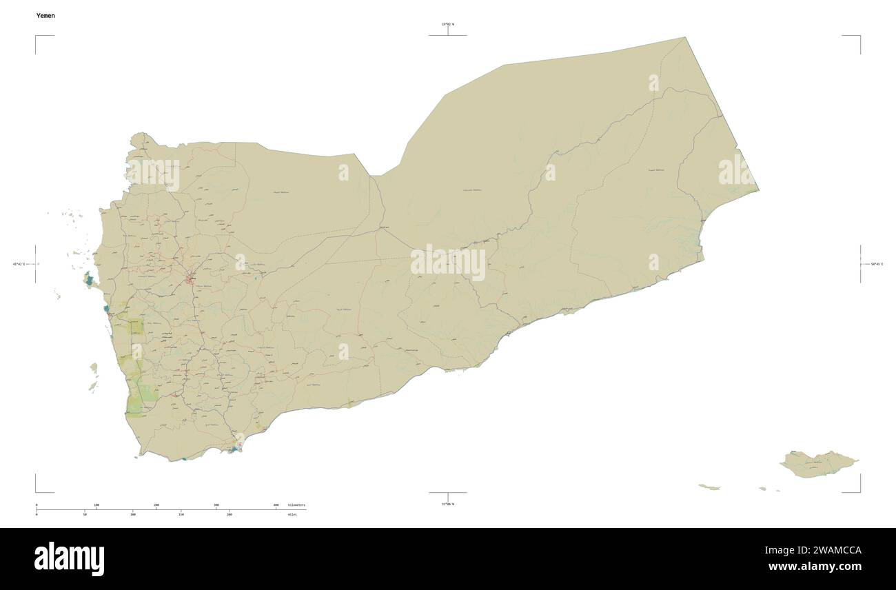 Shape of a topographic, OSM Humanitarian style map of the Yemen, with ...