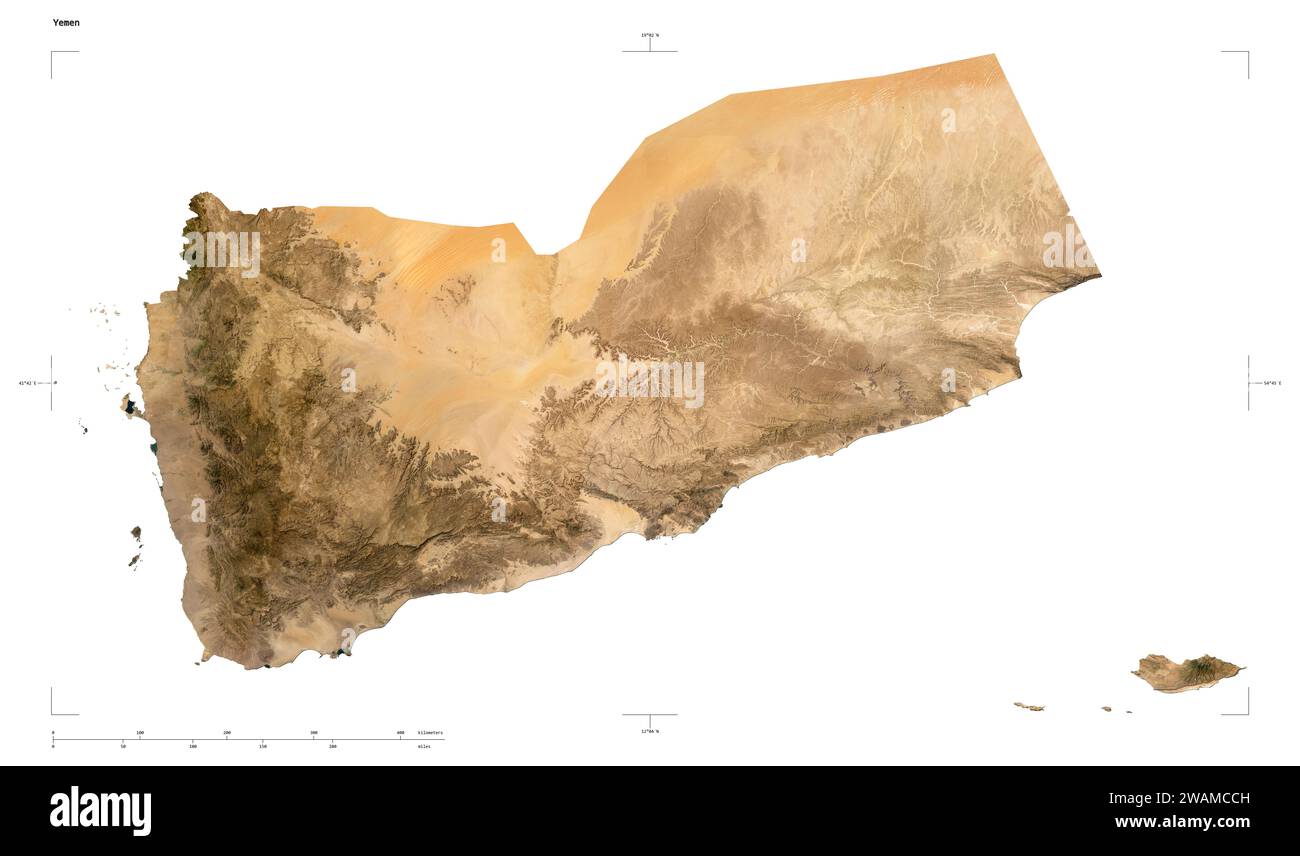 Shape of a low resolution satellite map of the Yemen, with distance ...
