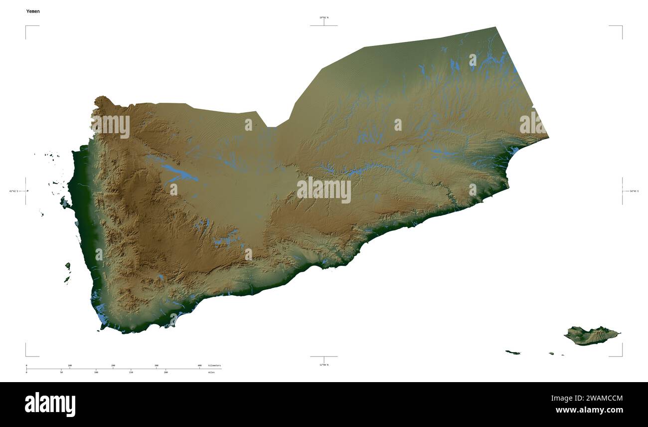 Shape of a Colored elevation map with lakes and rivers of the Yemen ...