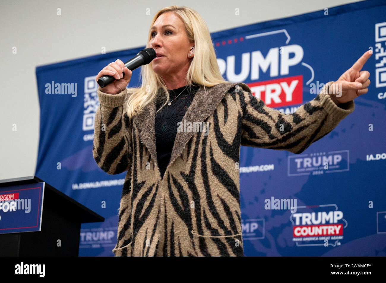 Keokuk, USA. 04th Jan, 2024. Rep. Marjorie Taylor Greene, R-Ga., speaks ...