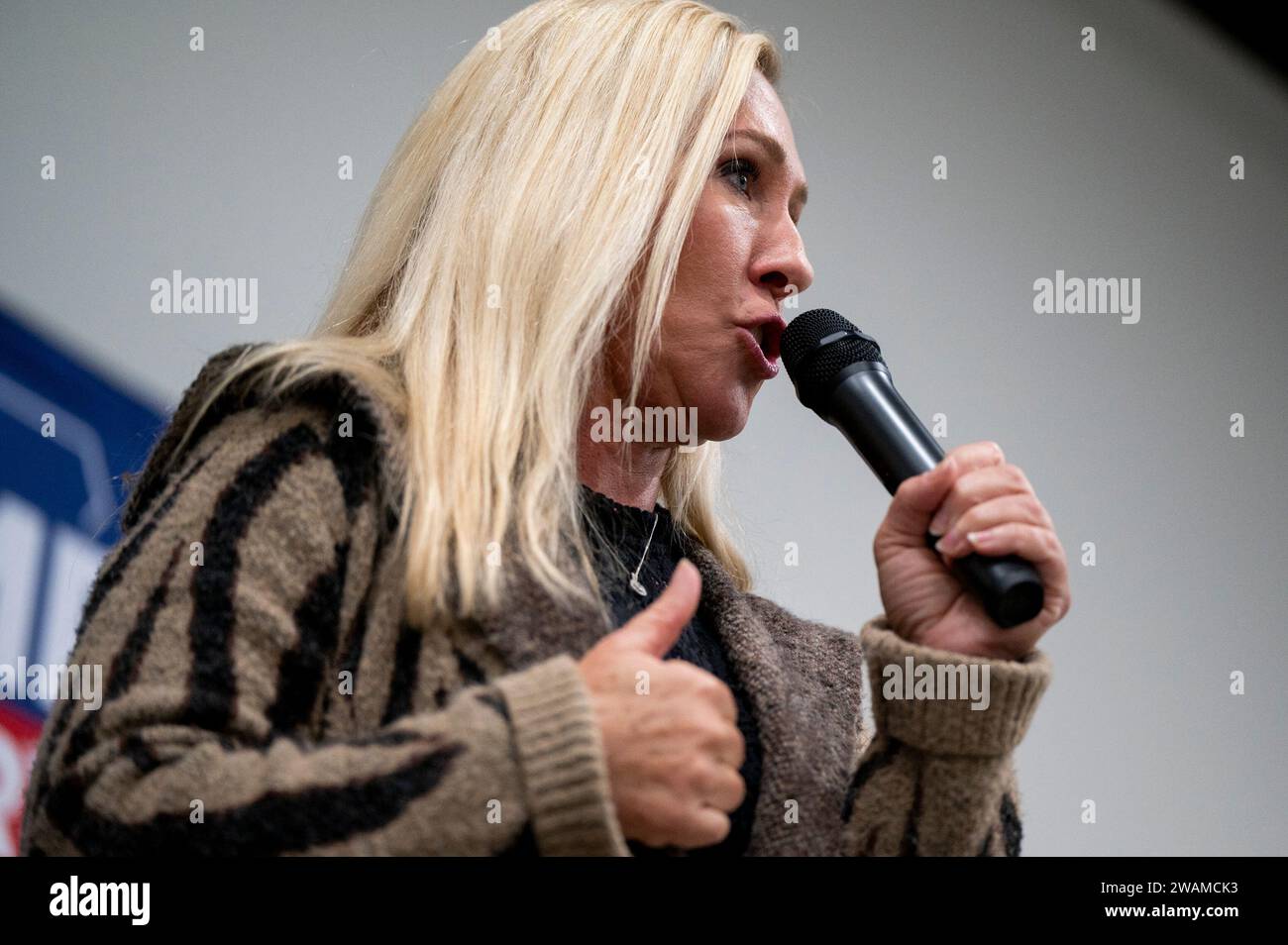 Keokuk, USA. 04th Jan, 2024. Rep. Marjorie Taylor Greene, R-Ga., speaks ...