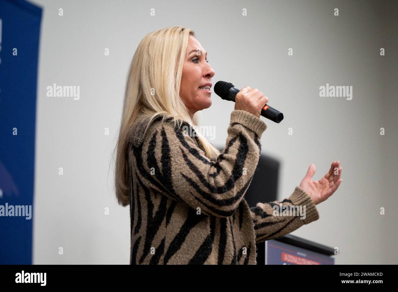 Keokuk, USA. 04th Jan, 2024. Rep. Marjorie Taylor Greene, R-Ga., speaks ...