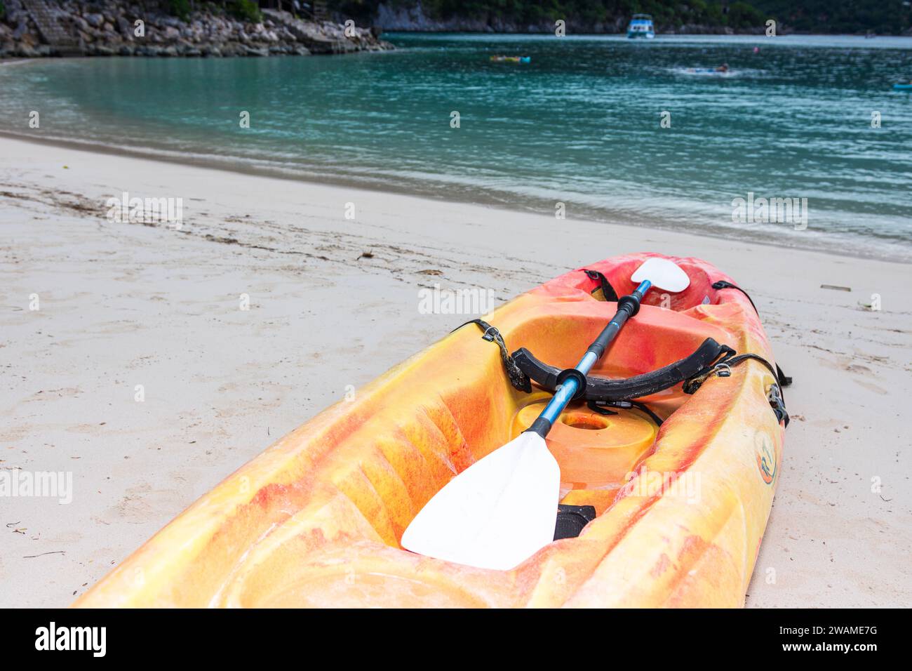 Active rest, sport, kayak. Canoe on a sandy beach Stock Photo - Alamy