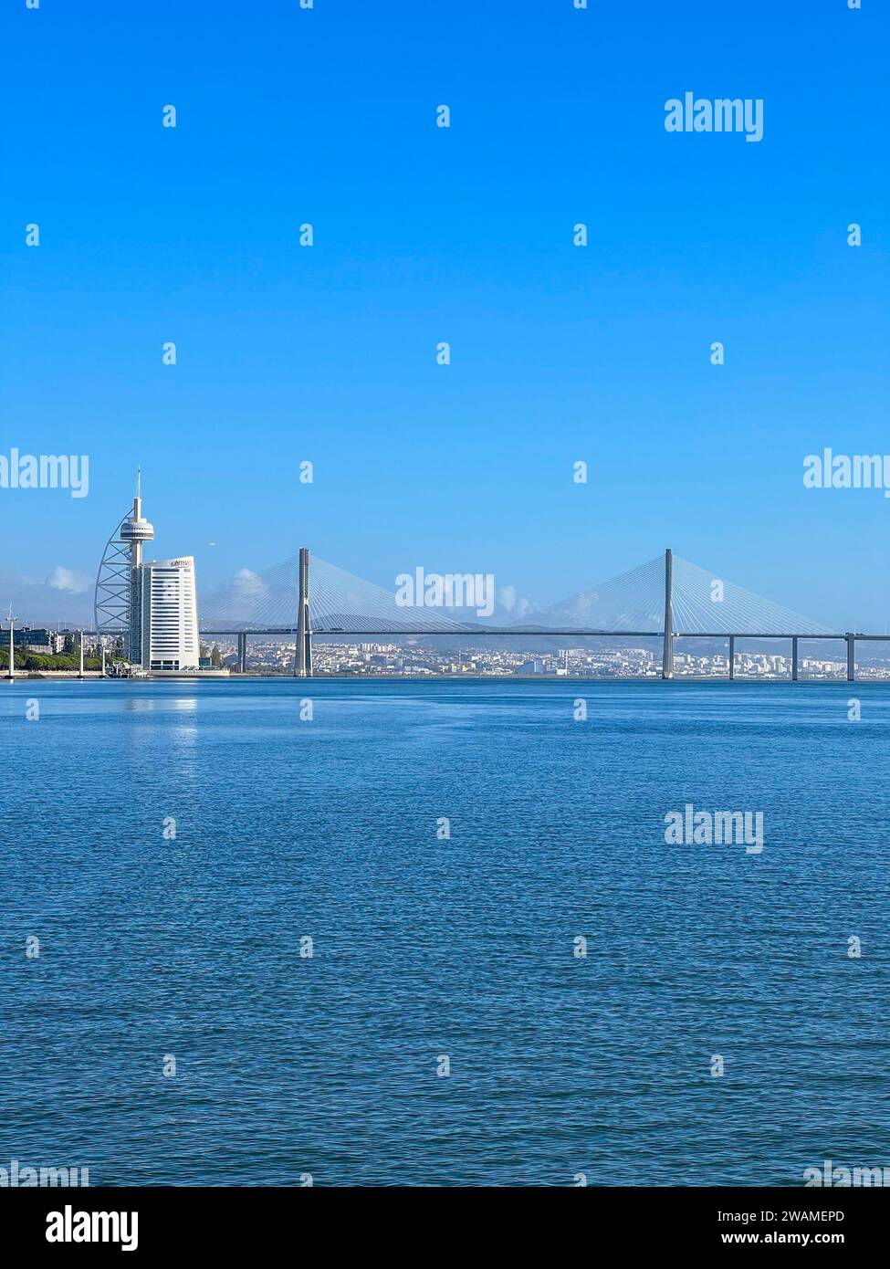 Vasco da Gama Bridge seen from Tagus River Stock Photo - Alamy