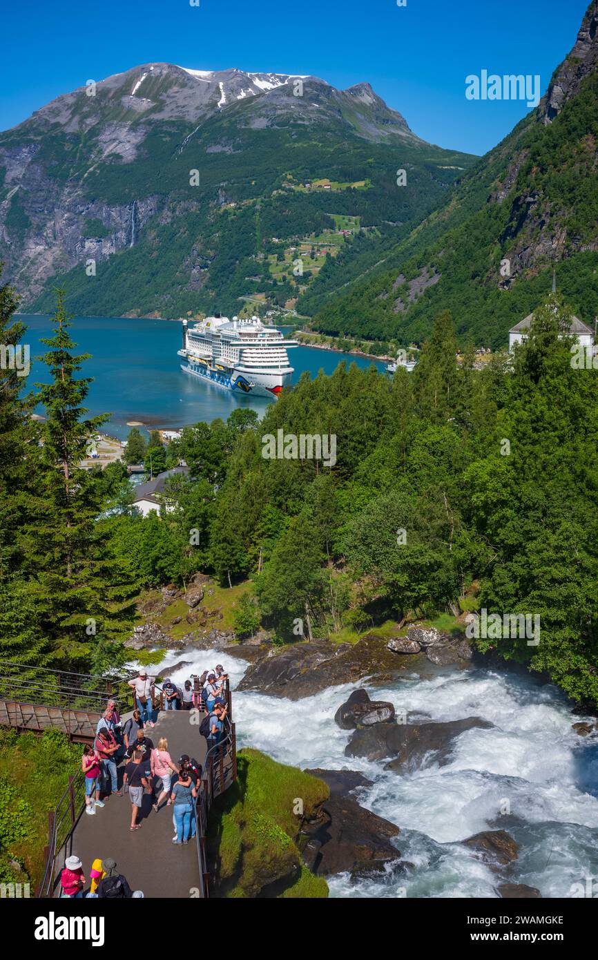 Geiranger, Norway, June 26, 2023: The Waterfall Walk is a series steps ...